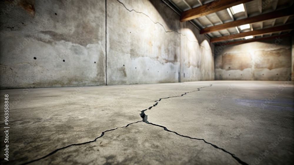Cracked concrete basement floor with an asymmetrical texture ...