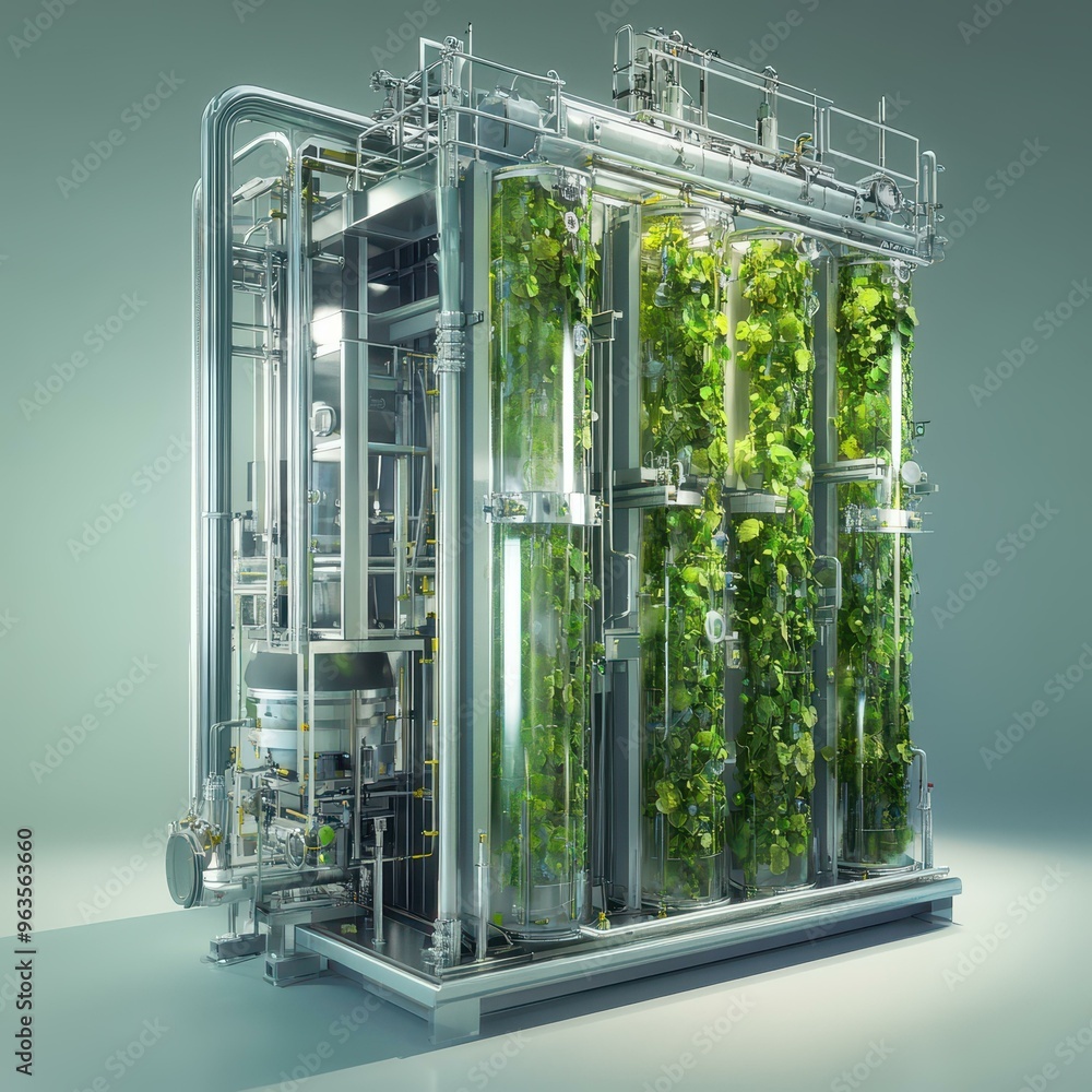 A modern bioreactor filled with lush green plants, representing ...