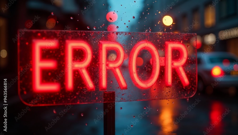Eye-Catching Red ERROR Sign Illuminated in Rainy Urban Environment for ...