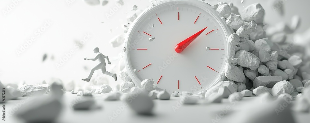 Man running on clock with white background representing time management ...