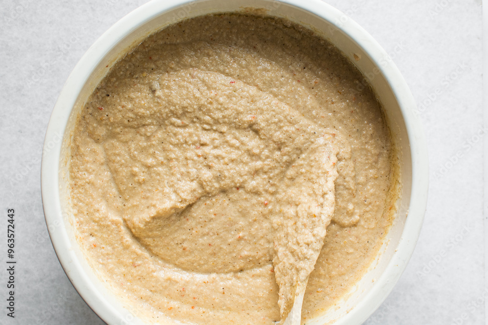 Overhead of moi moi mixture in a white ceramic bowl, top view of ...