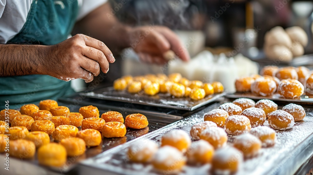 A traditional Indian kitchen scene with mithai being made, including ...