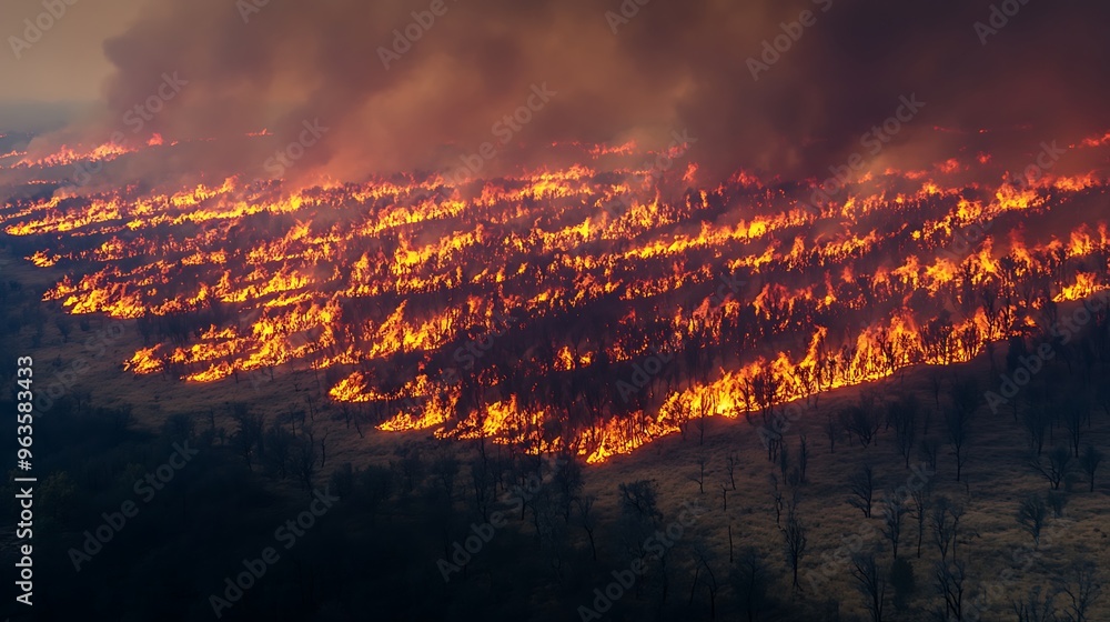 A horizon ablaze with wildfires stretching across a dry forest ...