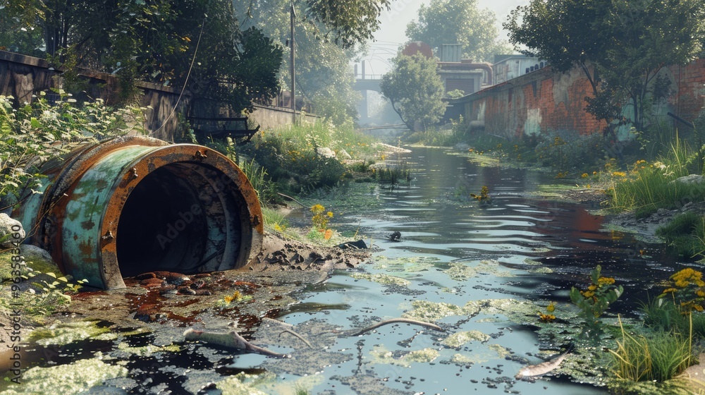 A heavily polluted river receives a constant stream of dark, toxic ...