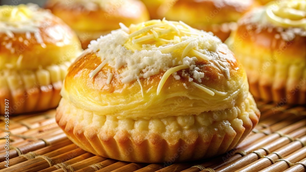 A close up photograph of a Filipino style ensaymada a sweet bread ...
