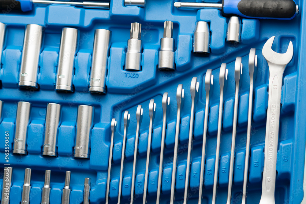 open ended wrench set in a toolbox, close up Stock Photo | Adobe Stock