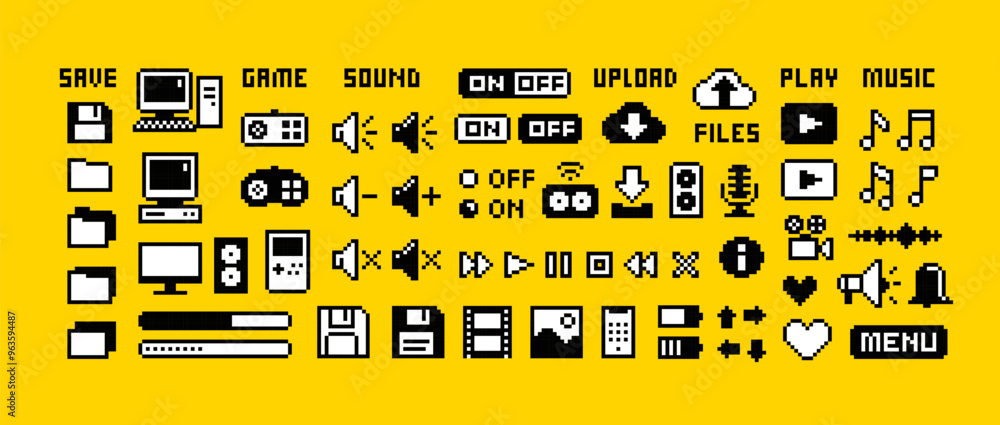 Perfect pixel icons of, media player buttons, PC computer icons, music ...