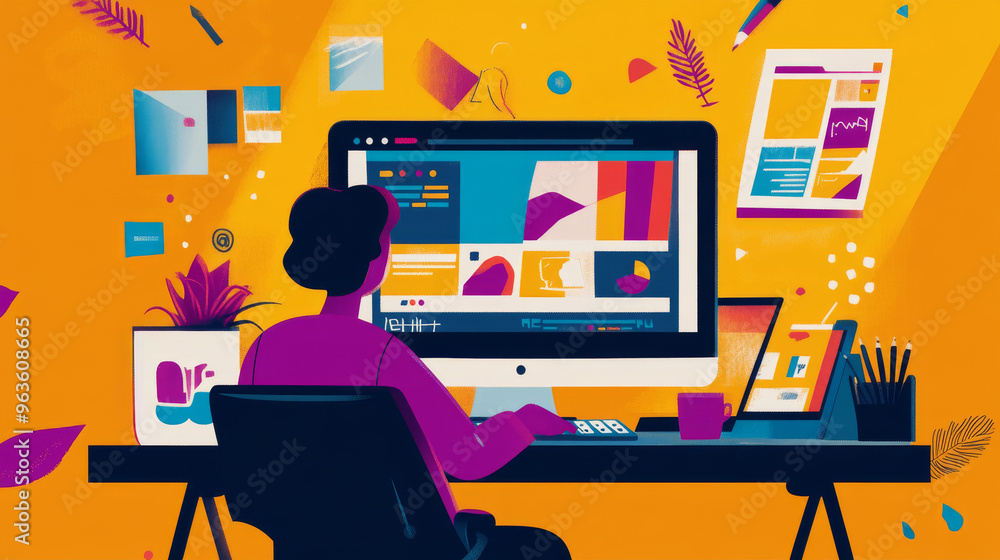 Depict a business owner designing a logo, website, or product packaging ...