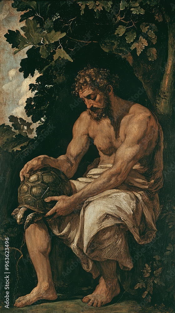Zeno of Elea, a Greek philosopher, is depicted contemplating a tortoise ...
