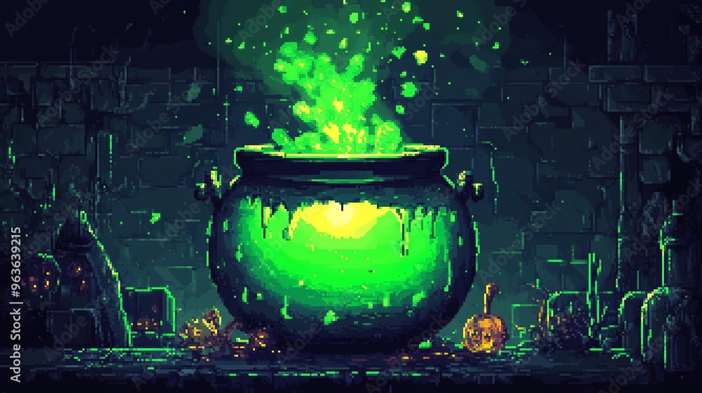 8-bit pixel witch s cauldron bubbling with neon-green liquid, Retro 8 ...