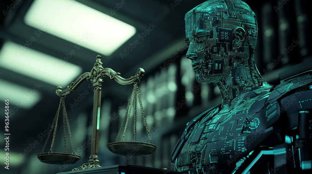 A cybernetic judge holding scales of justice symbolizes fusion of ...