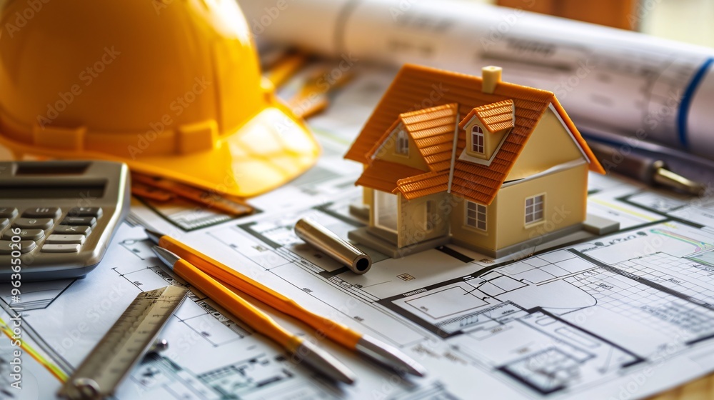 Construction planning with house model, blueprints, calculator and hard ...