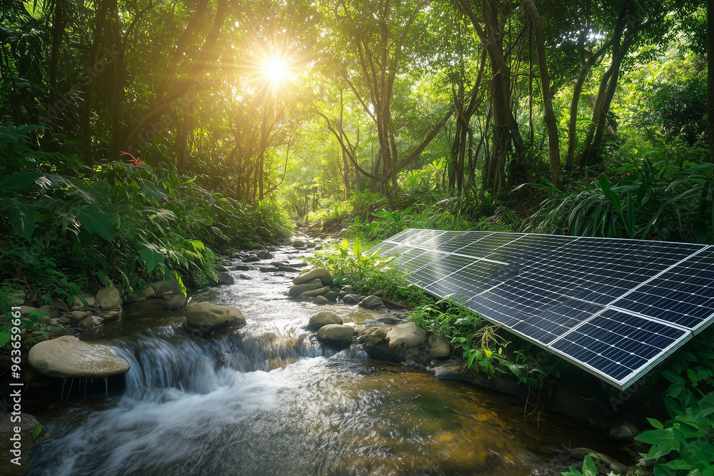 Solar panel by a flowing stream in a lush forest, harnessing renewable ...