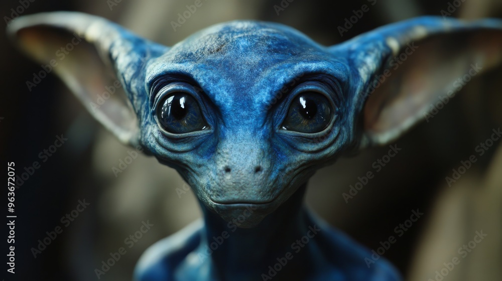 A close-up captures a blue-skinned alien with large, pointed ears that ...