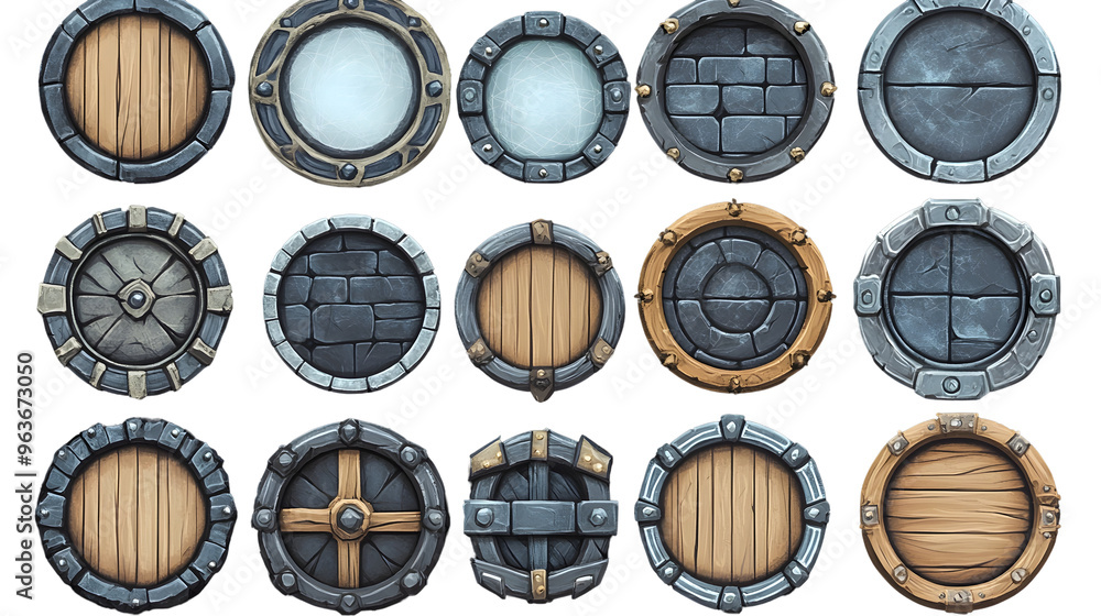 Game round interface frames. Cartoon UI circle game asset items, empty ...