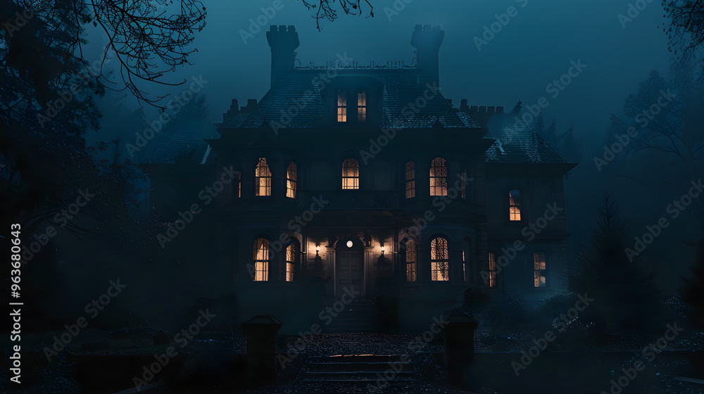 Spooky haunted mansion with eerie ghostly lights flickering in the dark ...