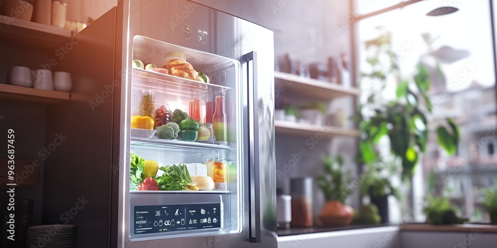 Modern stainless steel refrigerator in a kitchen with a glass door ...