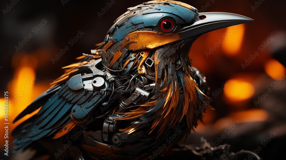 robot bird on fire, bird in the form of a fiery robot, the future of ...