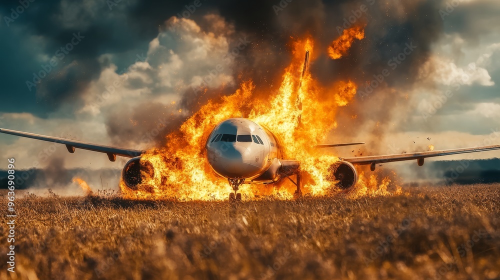 A highly dramatic scene of a large airplane engulfed in roaring flames ...
