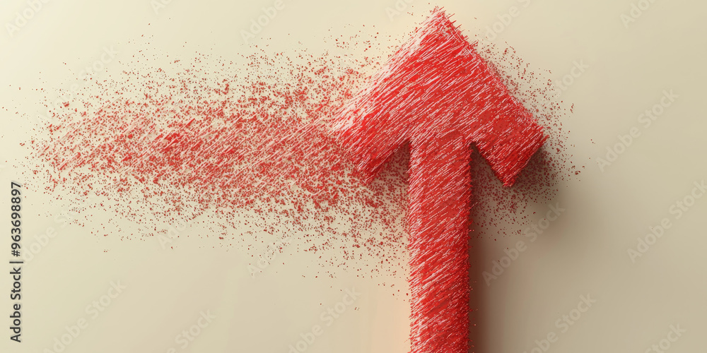 Red arrow pointing upwards dissolving into tiny particles. Stock ...