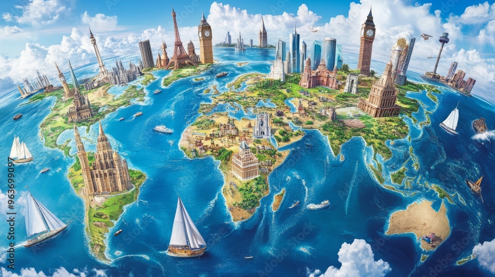 world map and in top off it most tourism famous places Stock Photo ...