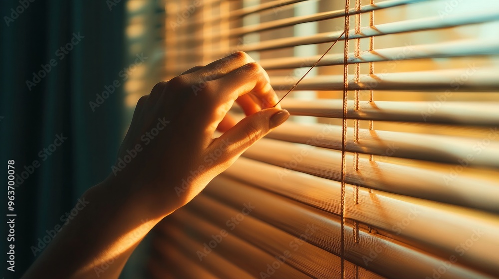 a close-up of a woman's hand pulling the string to open traditional Venetian window blinds with ...