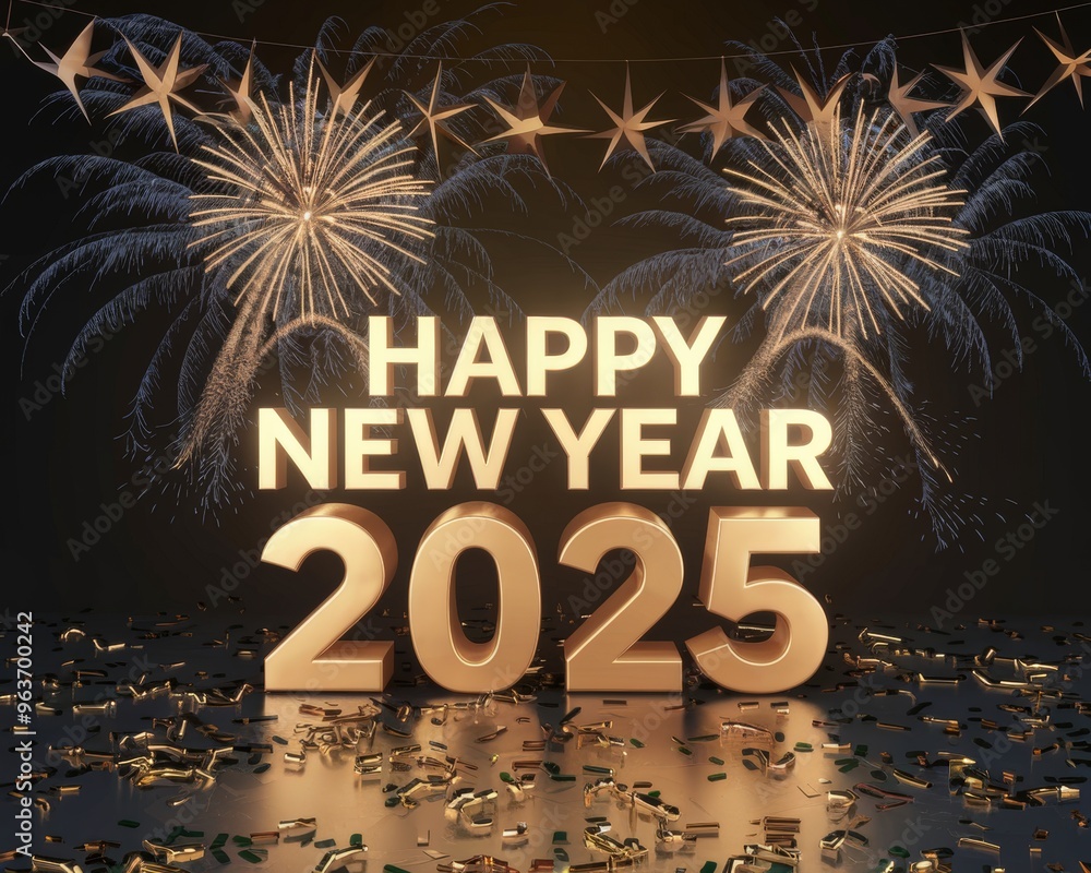 happy new year 2025. A dazzling 3D New Year’s Eve scene with fireworks ...
