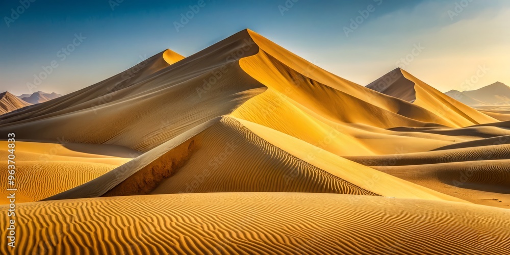 Triangle-shaped sand dunes in the foreground, fading into a warm beige ...