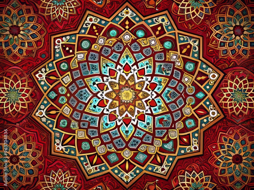 Intricate symmetrical design of Islamic geometry patterns in a vibrant ...