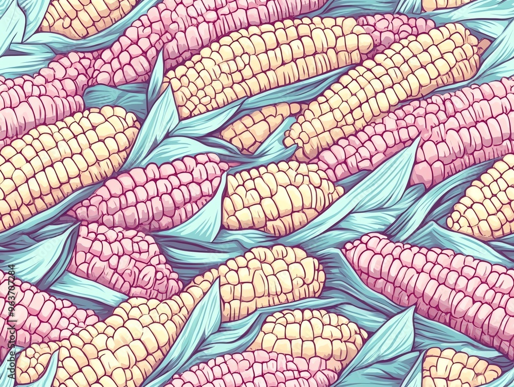 seamless pattern with corn on the cob, anime style yellow and pink corn ...