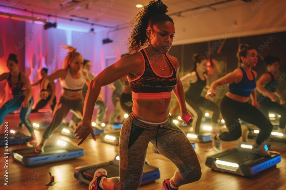Energetic group workout session in a modern fitness studio featuring ...