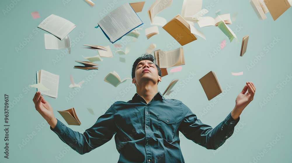 Busy person juggles tasks as papers fly around, feeling overwhelmed ...