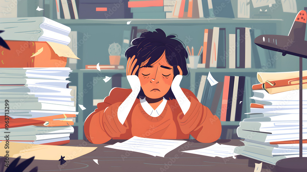 Busy person at cluttered desk with piles of paperwork and books ...