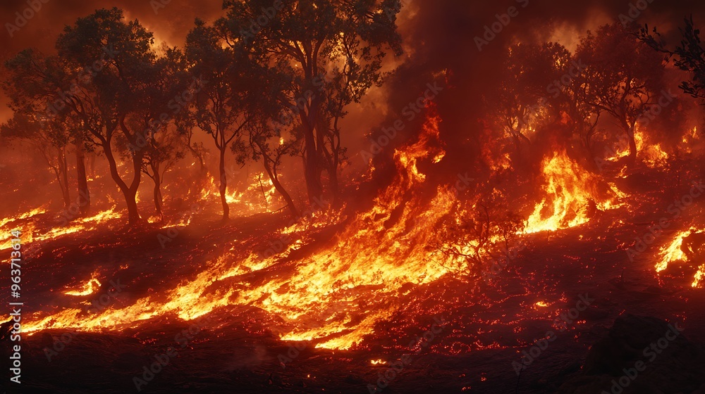 Wildfires raging uncontrollably across a parched forest, representing ...