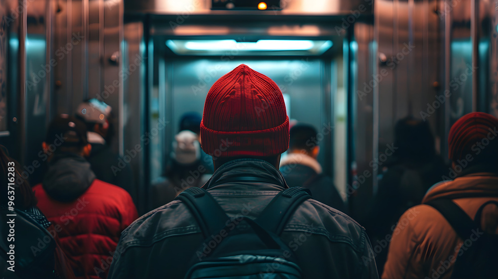 Claustrophobic person trapped in a crowded elevator, feeling ...