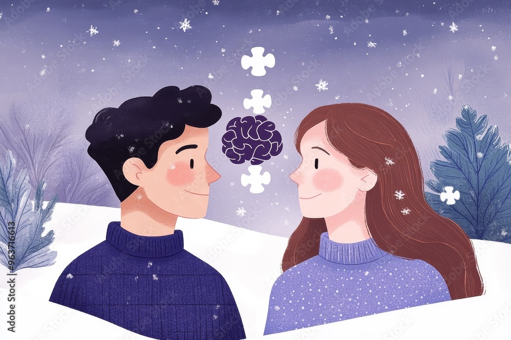 Neural resilience Neurons Illustrated winter scene of a couple facing ...