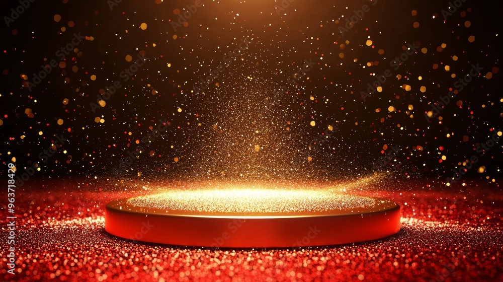 Sparkling Red and Gold Stage with Sparkling Lights and Dark Background ...