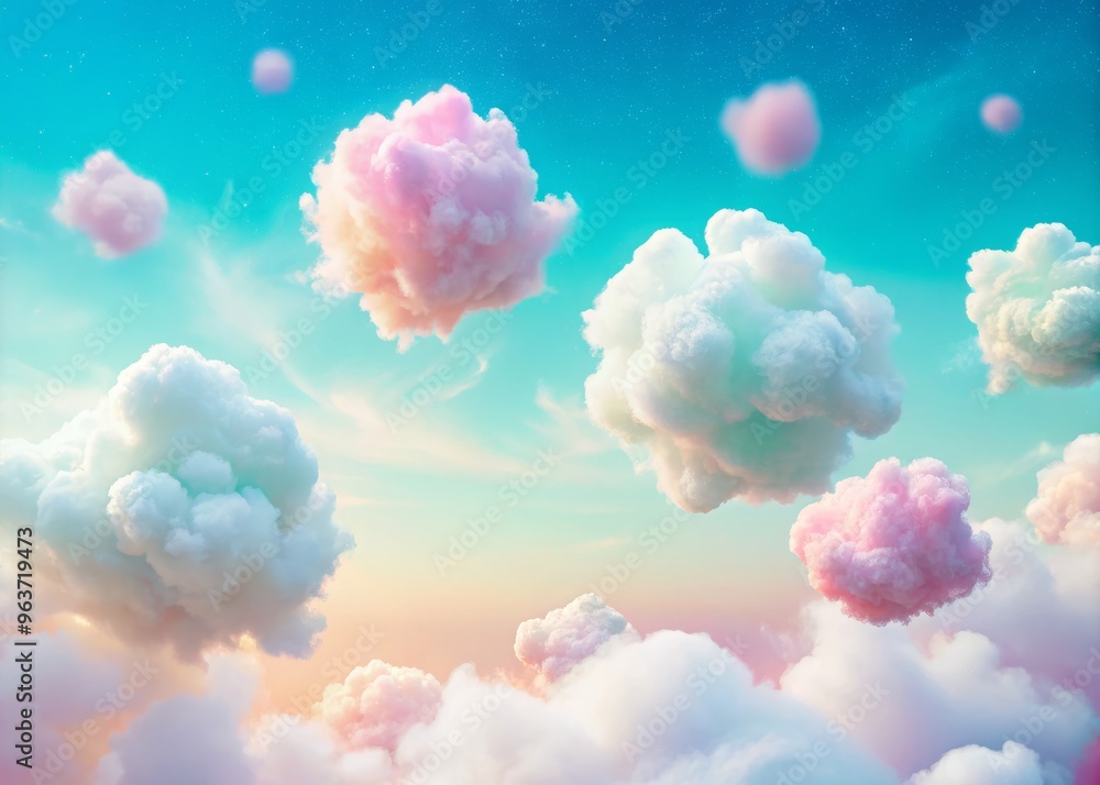 Pastel-colored clouds shaped like cotton balls floating above a soft ...
