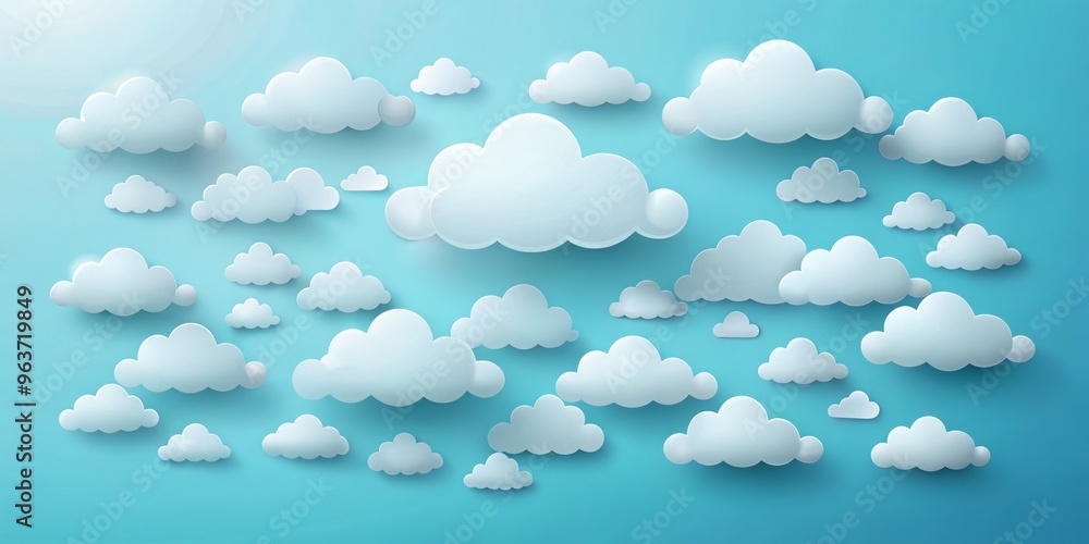 Illustrated stylized clouds in various shapes and sizes against a solid ...