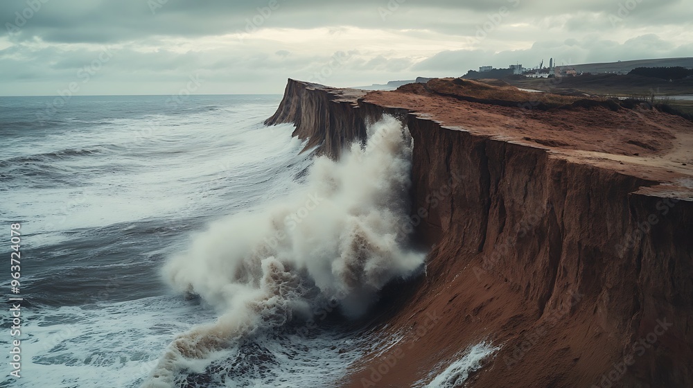 Coastal erosion with waves crashing against crumbling cliffs, showing ...