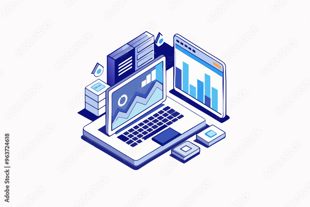 isometric illustration of dual laptops with coding, data analytics, and ...