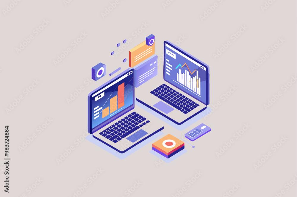 isometric illustration of dual laptops with coding, data analytics, and ...