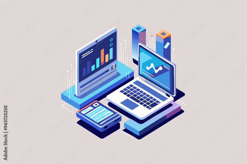 isometric illustration of dual laptops with coding, data analytics, and ...