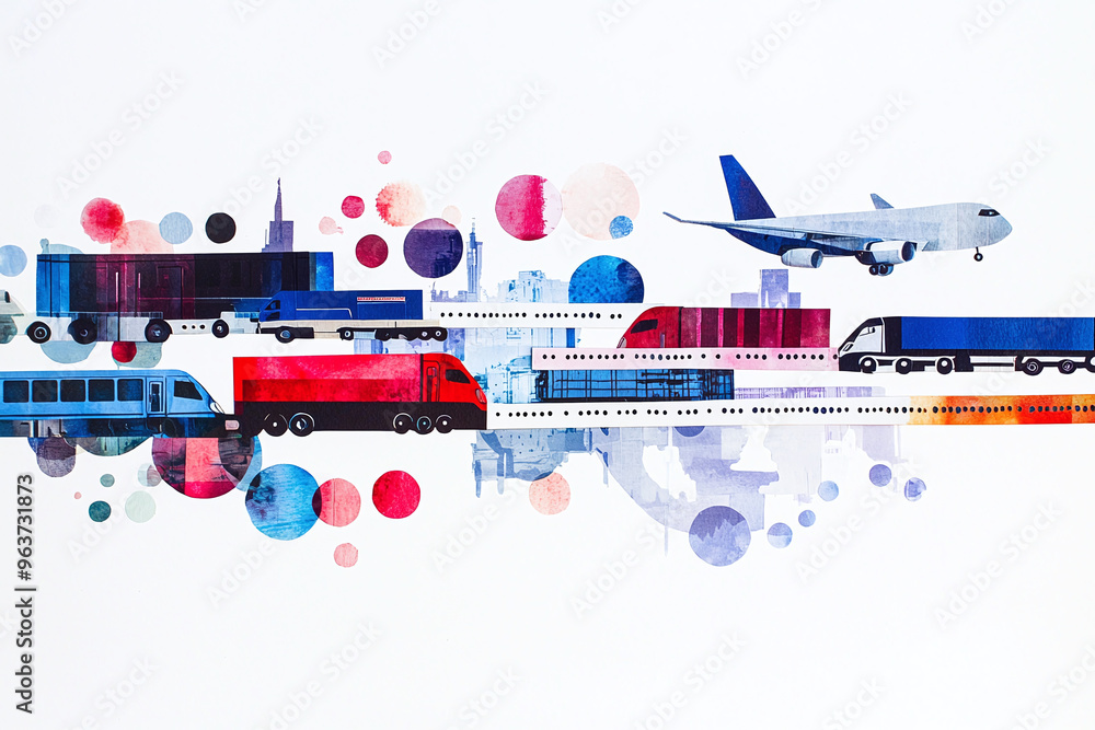 collage of a transport hub with trains, trucks, and planes converging ...