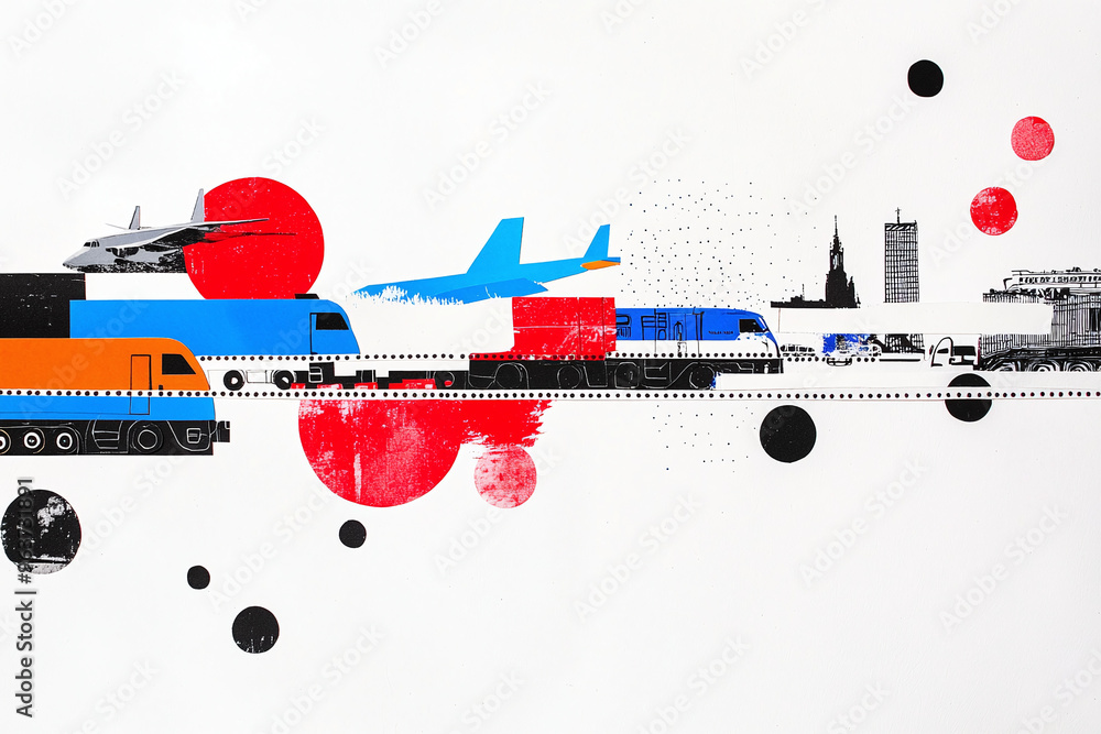 collage of a transport hub with trains, trucks, and planes converging ...