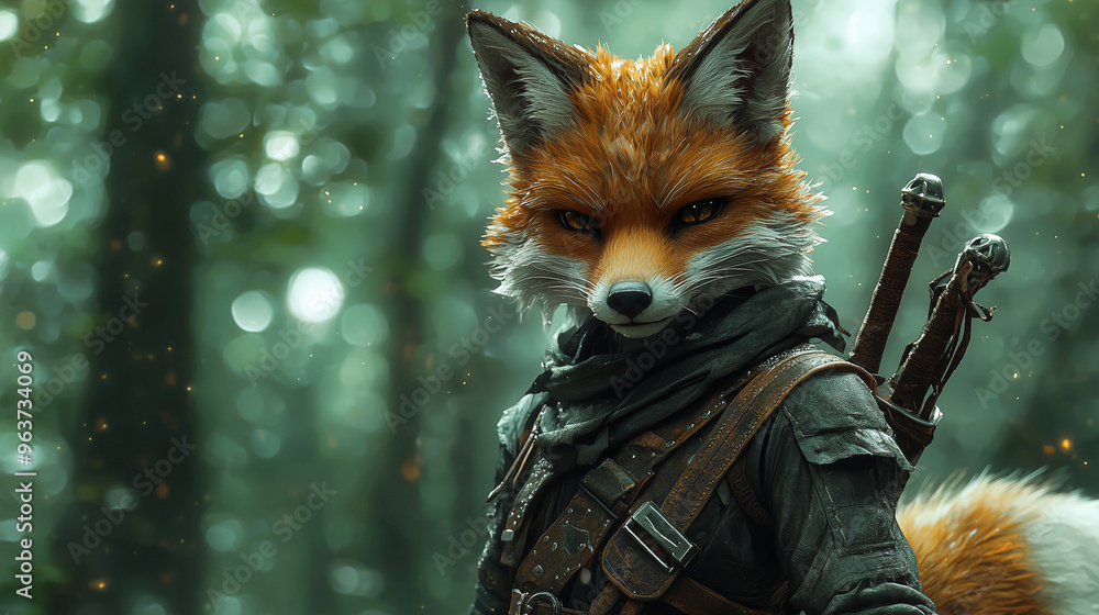 cunning fox beastfolk rogue wearing dark armor with swords strapped to ...