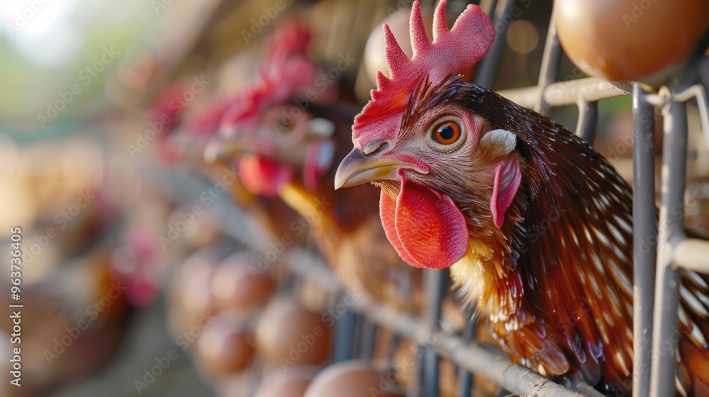 Chickens standing side by side in a row, various breeds and ages ...