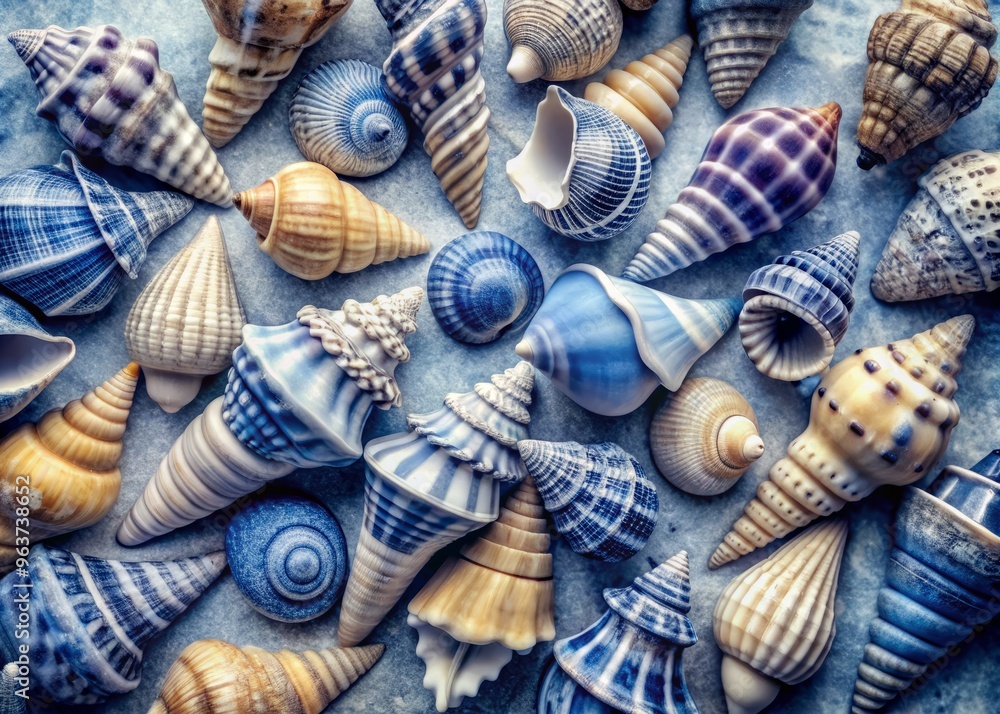jumbled arrangement of auger shells in deep blues and whites on a pale ...