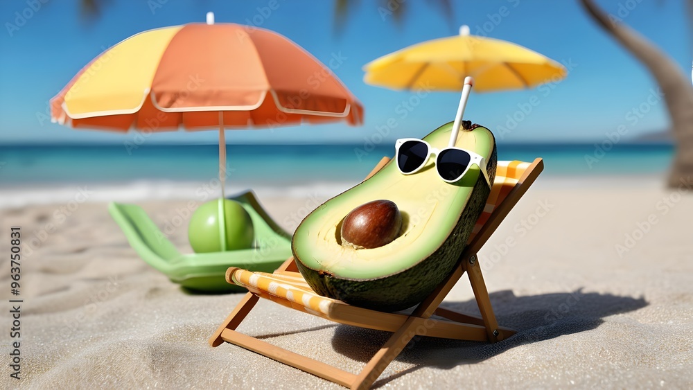 slice of avocado sunbathing on a beach chair, with a tiny umbrella in ...