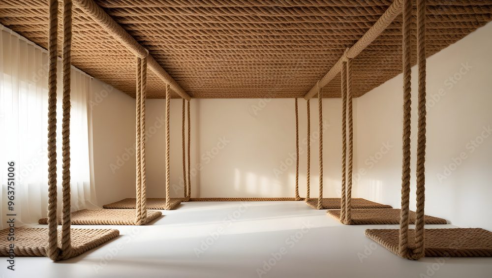 minimalist room featuring elegant rope installations gracefully hanging ...